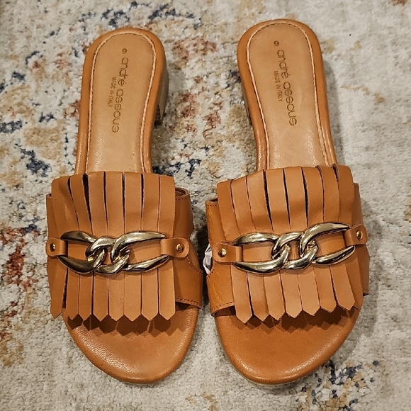 Andre Assous | Shoes | Andre Assous Tan Gold Mules With Fringe And ...